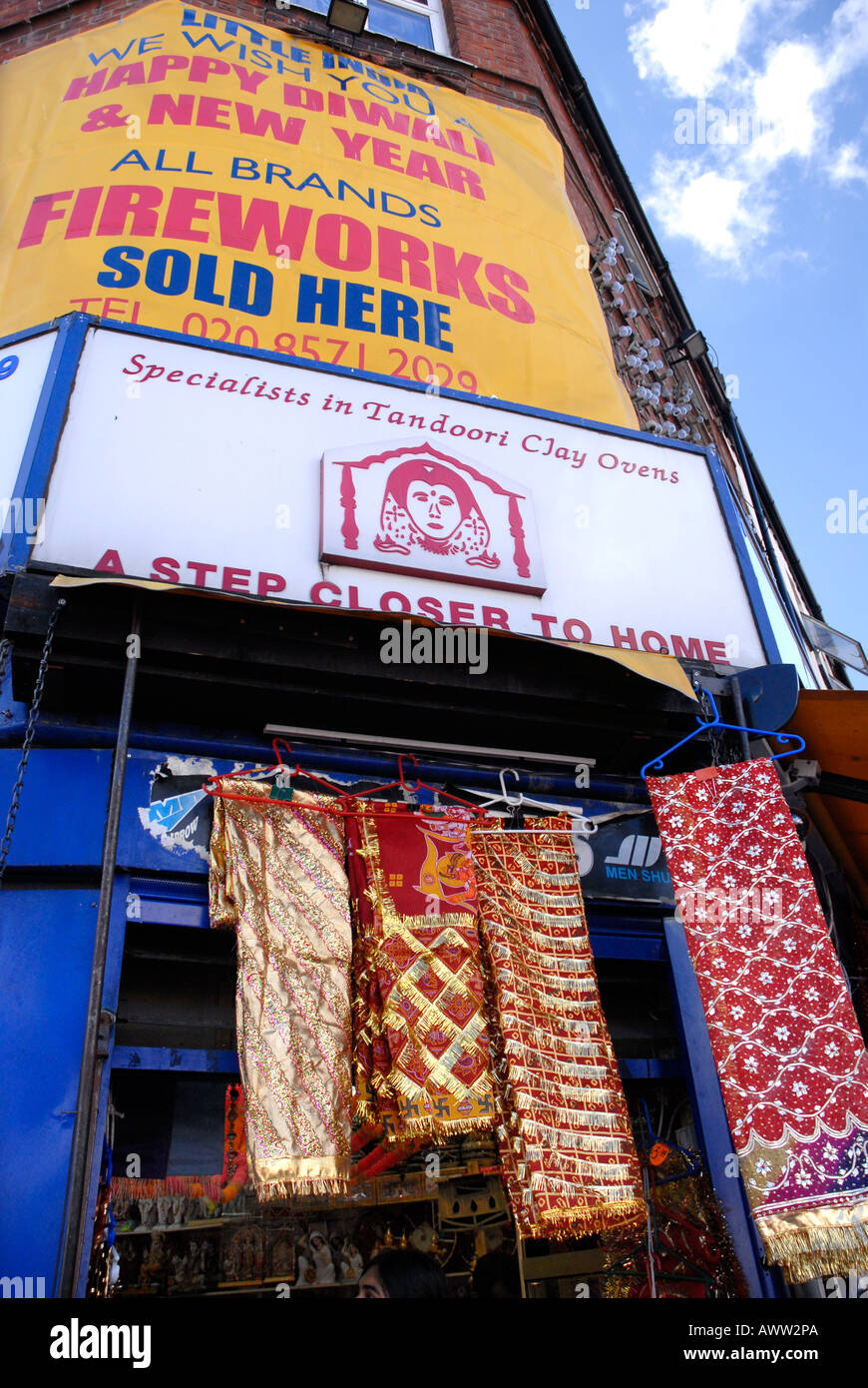 Shop with Diwali poster and display in Southall Middlesex Stock Photo ...