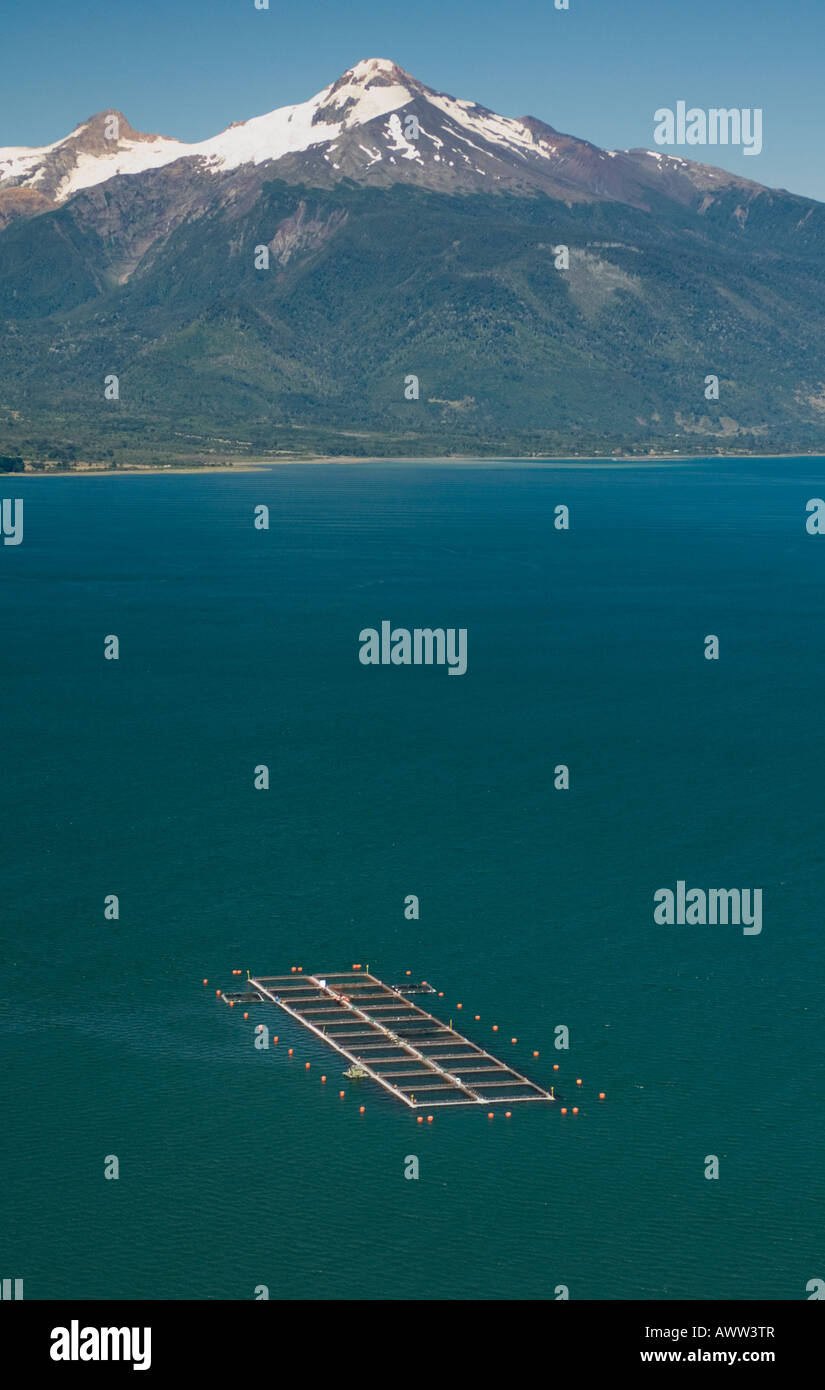 Aerial of saltwater salmon farm and Apagado Volcano, Estero de ...