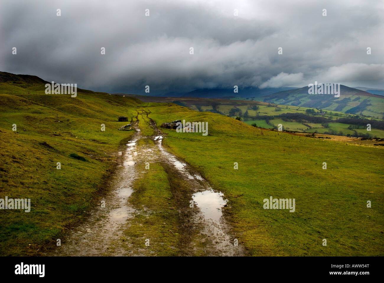 Llangynidr Moors in Wales - dark rain clouds gathering over windswept ...