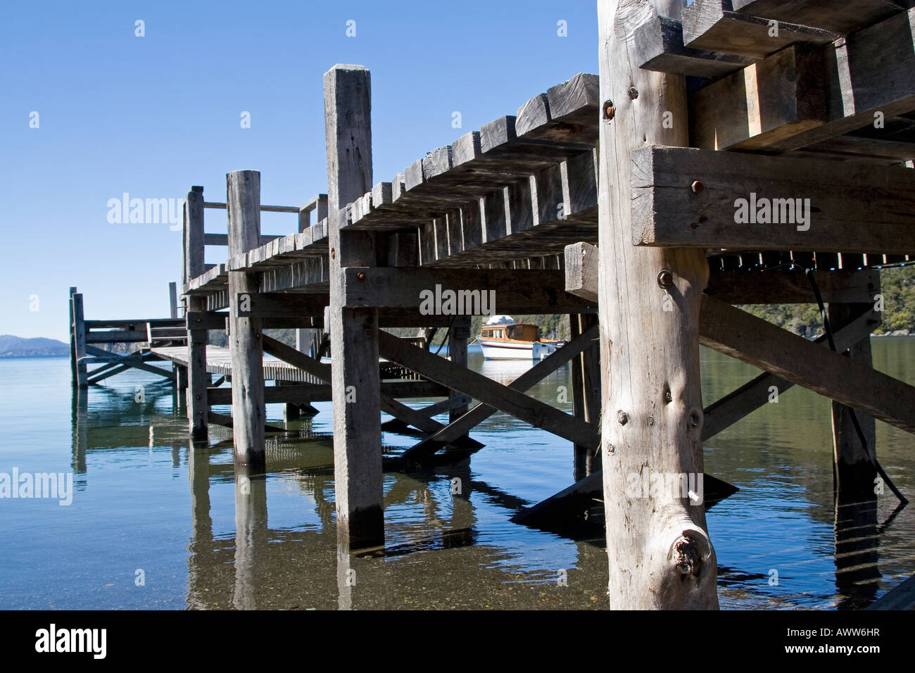 Jetty of lake as viewed from below, on sunny day Stock Photo - Alamy