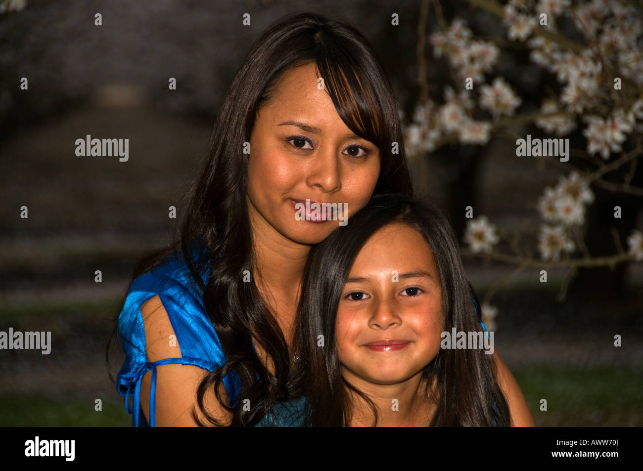 Mom Daughter Smiling Happy Posing Hugging Almond Orchard Horizontal ...