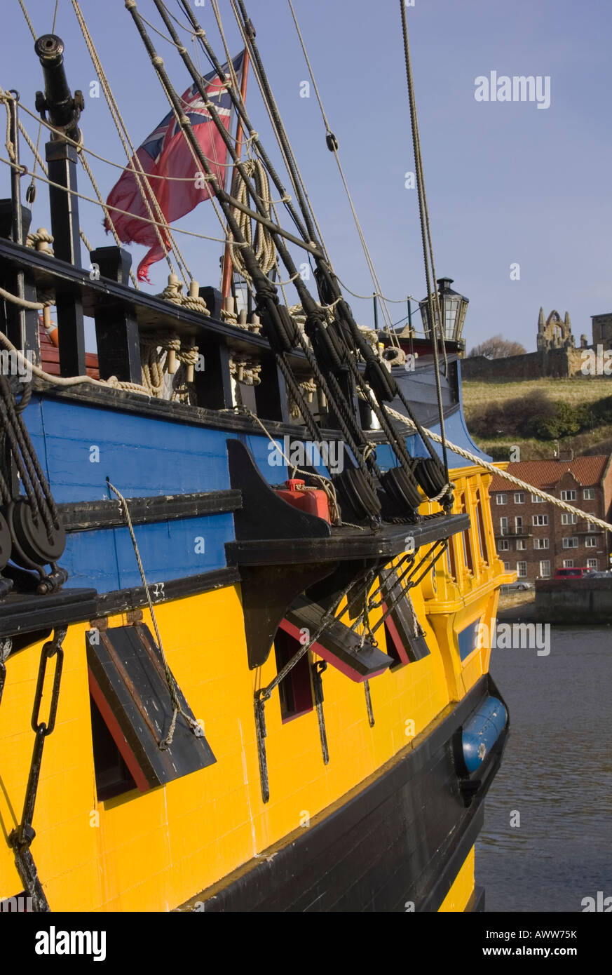 The side of an old Sailing Ship moored in Whitby Harbour England UK ...
