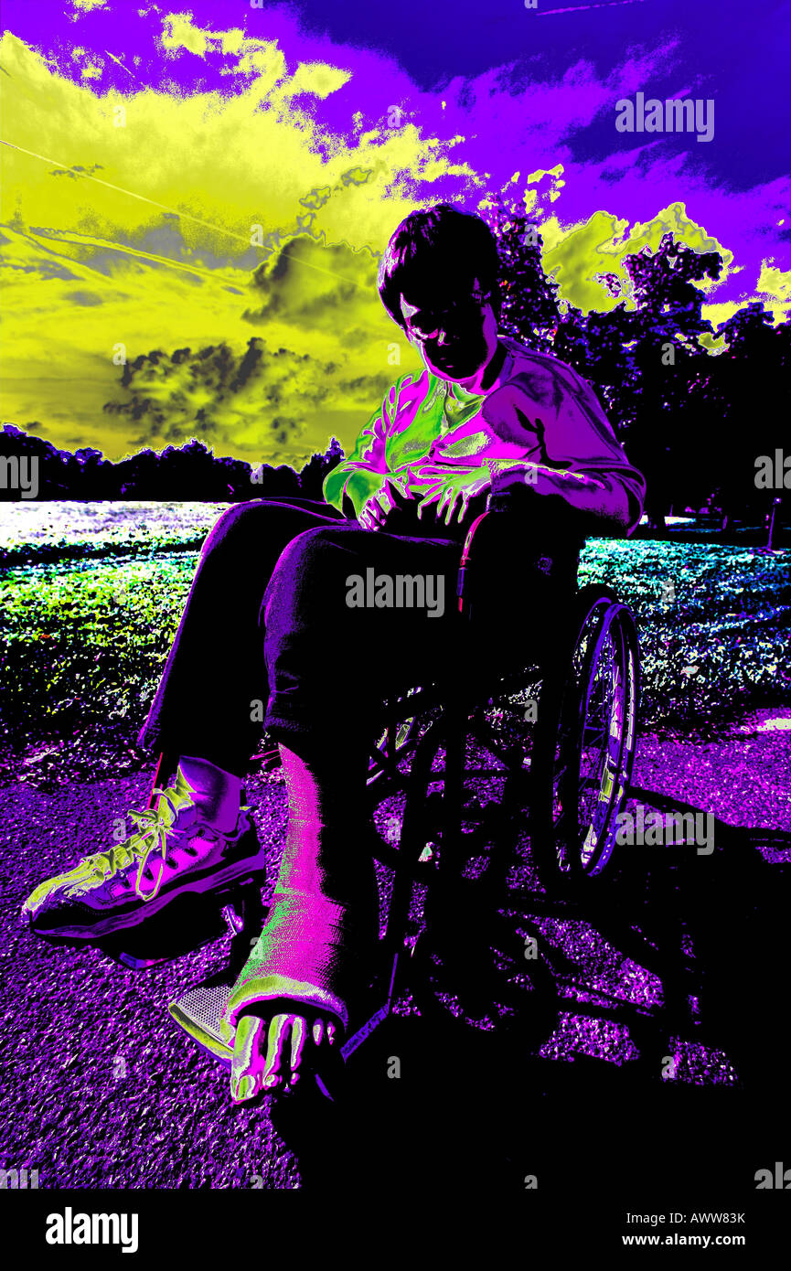 digitally colour distorted image of a woman in wheelchair with ...