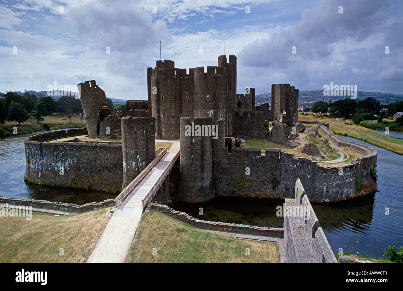 Caerphilly moated 13th century castle with leaning tower Mid Glamorgan ...