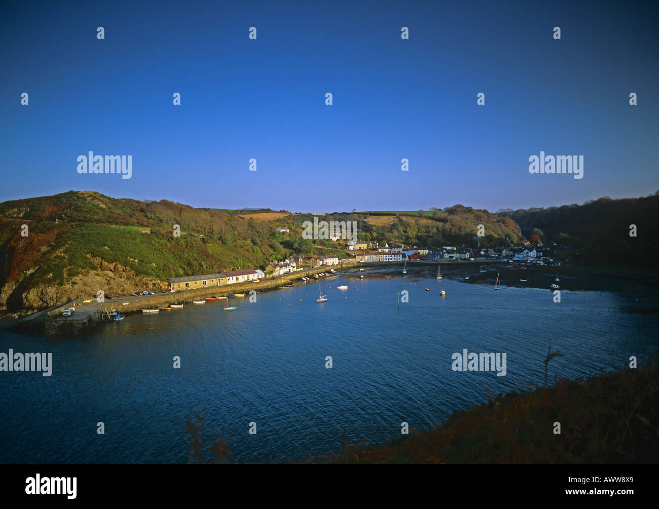 The Old Harbour of Fishguard with Fishing boats by the old quay and a ...