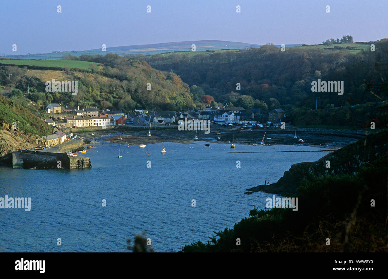 The Old Harbour of Fishguard with Fishing boats by the old quay and a ...