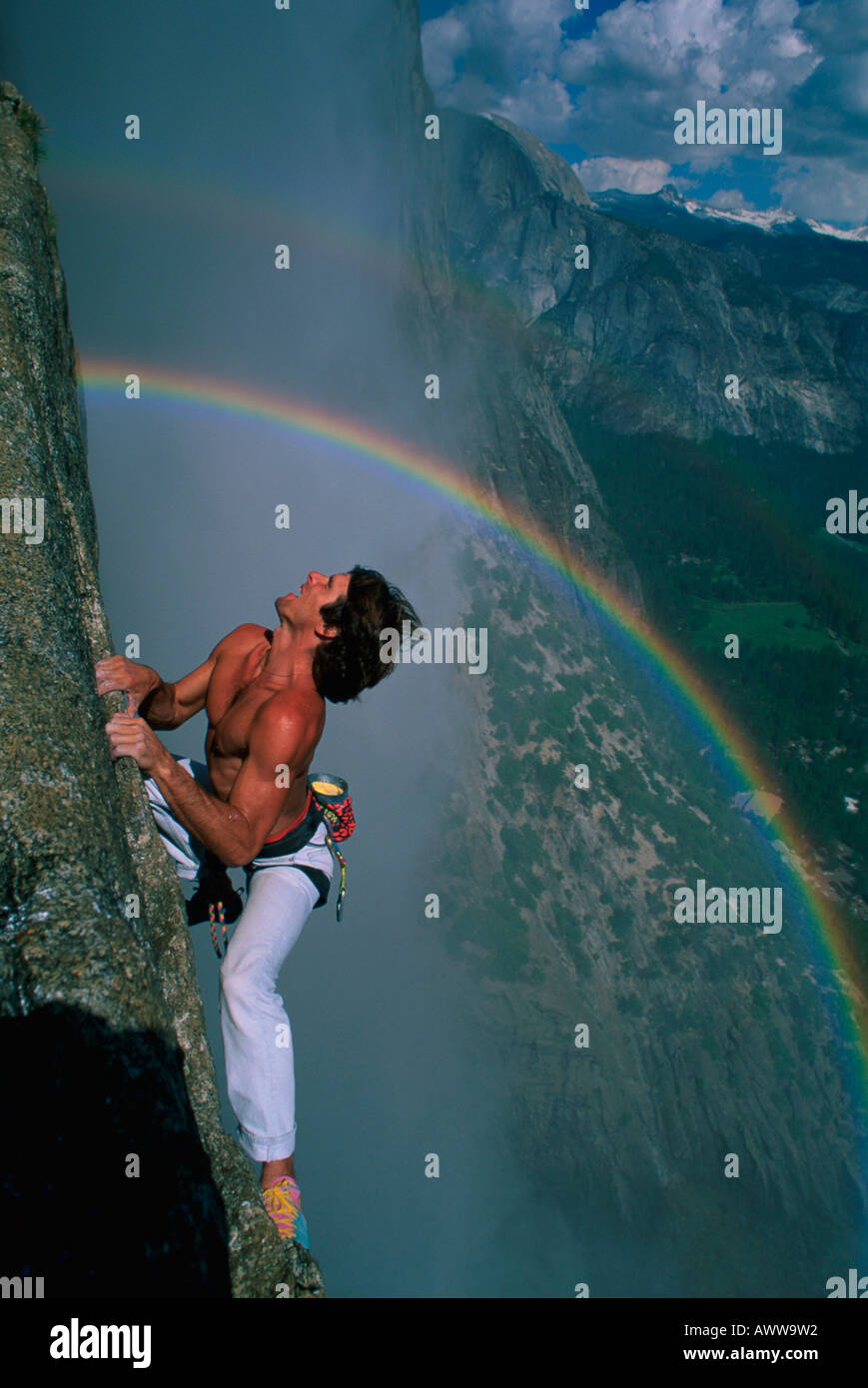 Ron Kauk and a rainbow beside Upper Yosemite Falls Yosemite National ...