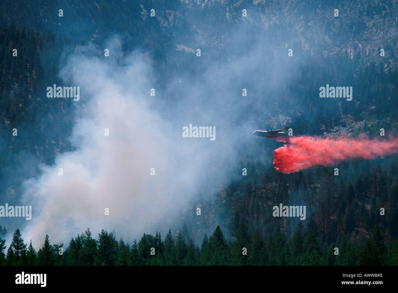 Bomber dropping boron on forest fire in Inyo National Forest Eastern ...