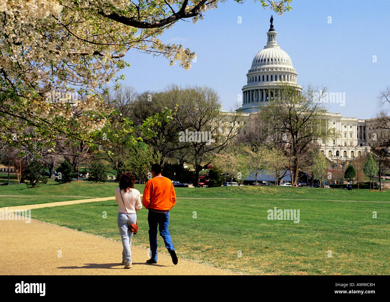 Capitol Building Washington DC Tourists walking on the National Mall ...