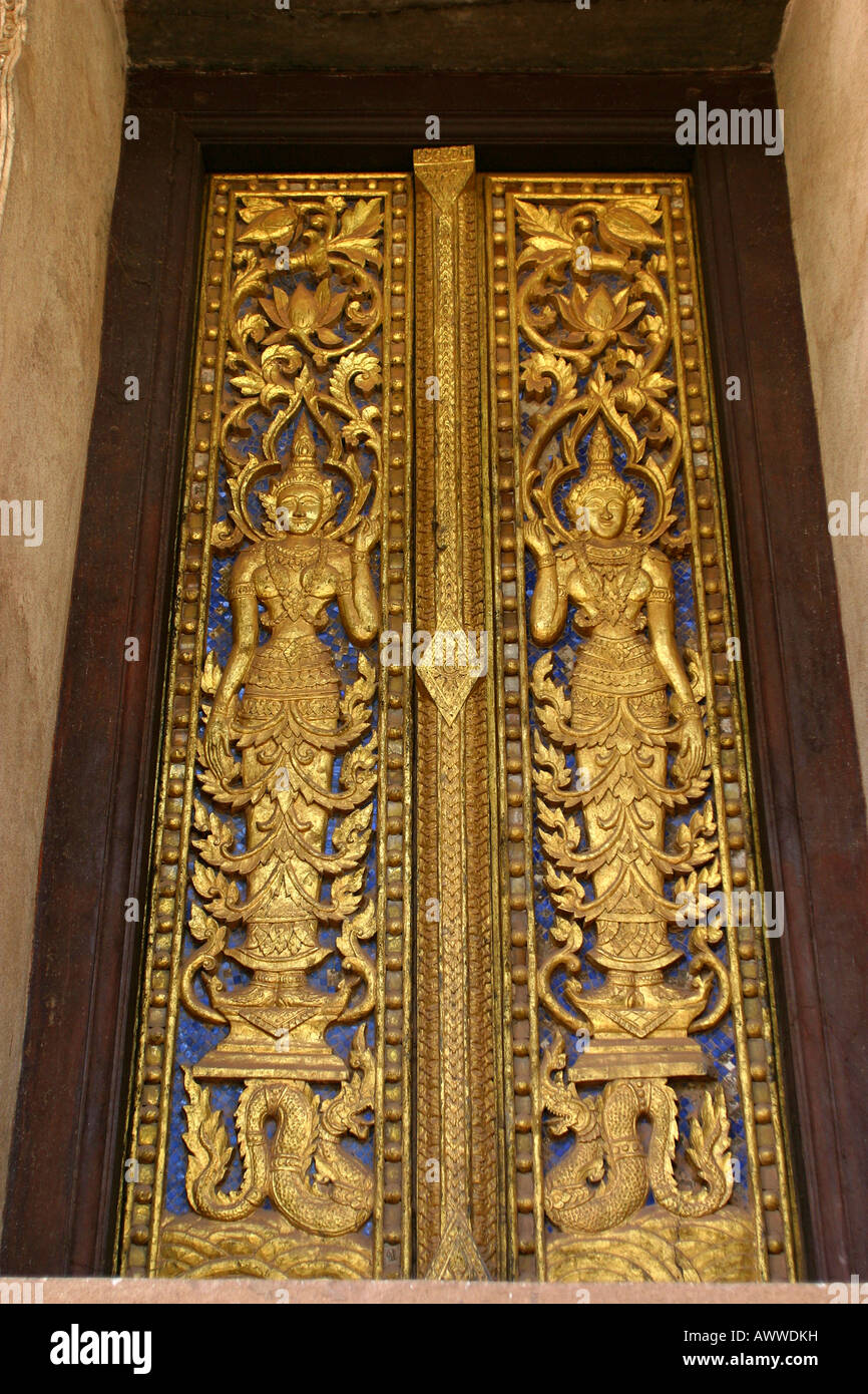 Laos Vientiane Wat Haw Pha Kaew carved gilded window shutter panel ...