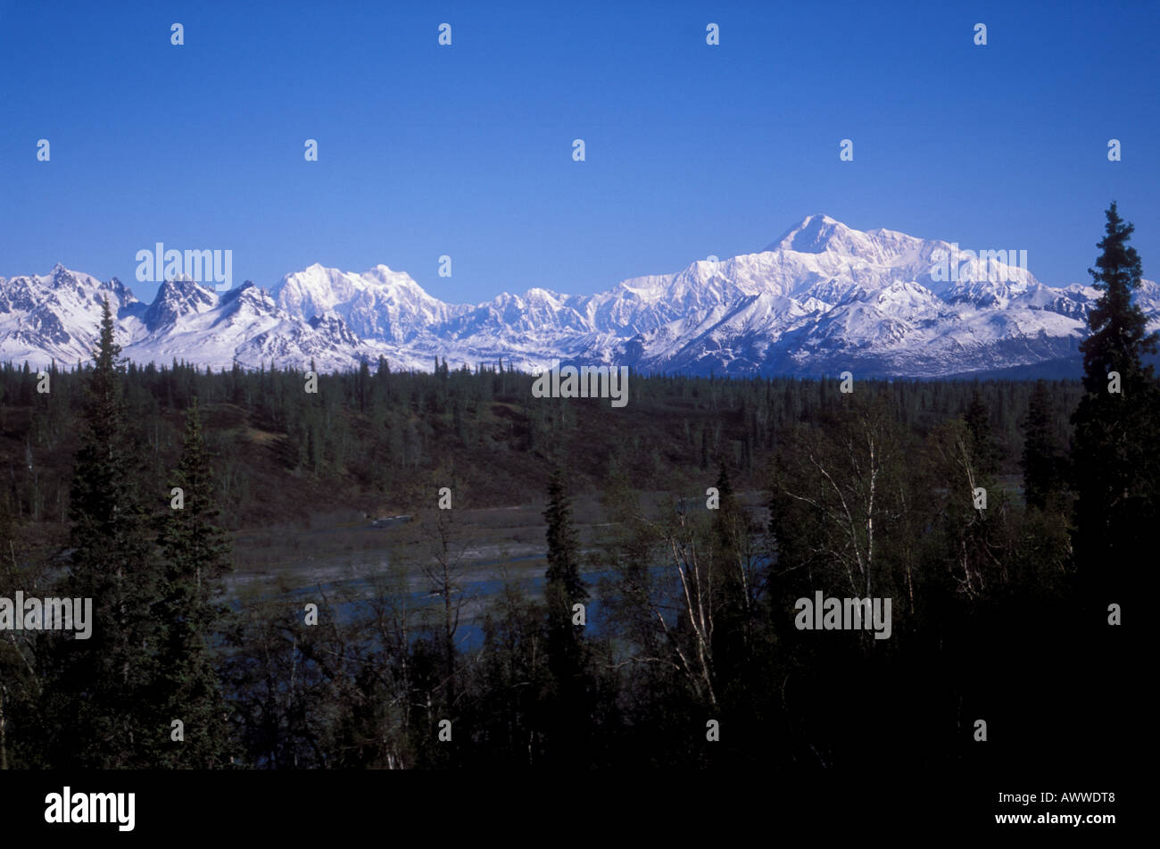 Alaska Range with Mount Hunter and Mount McKinley with Chulitna river ...