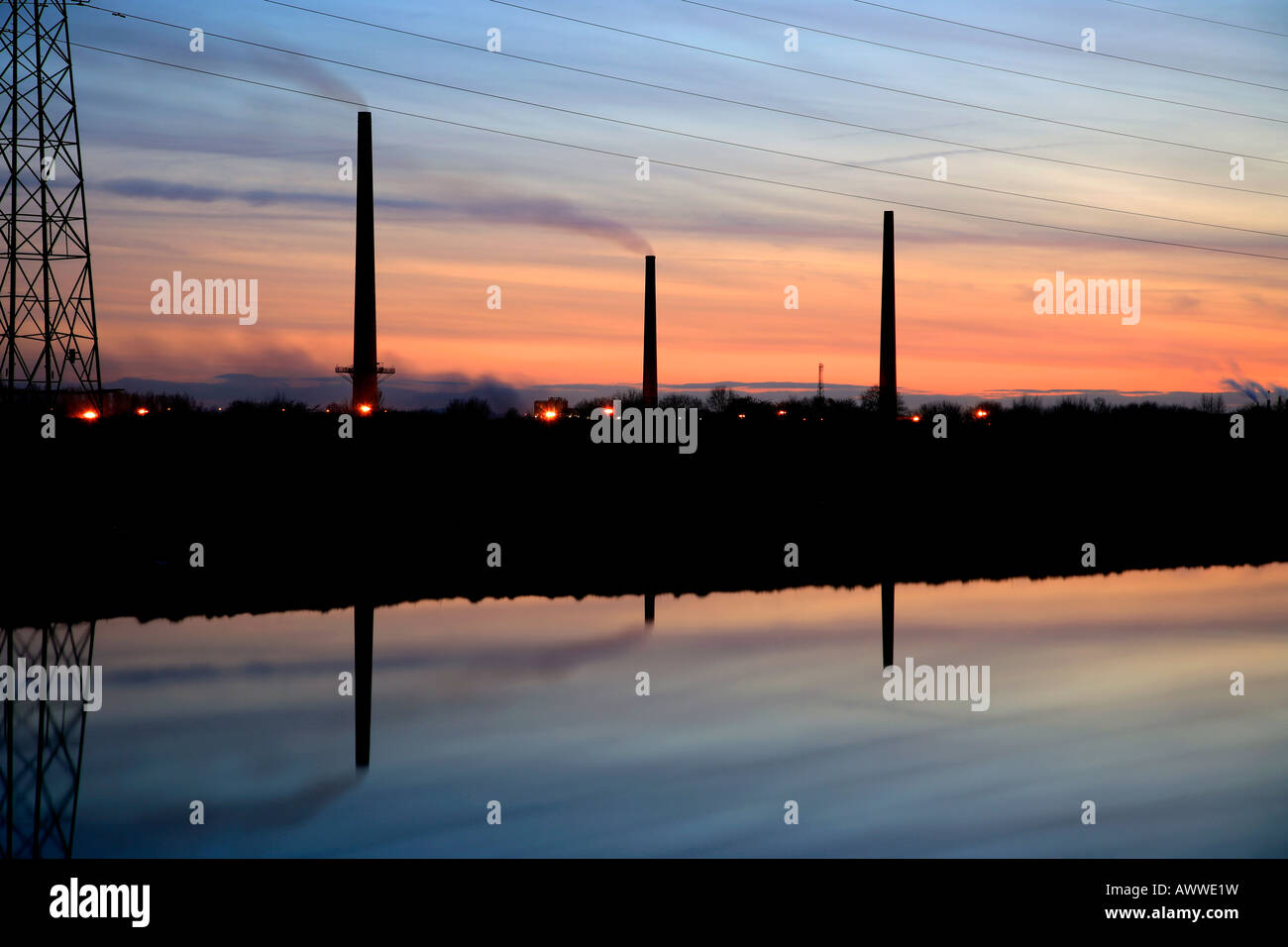 Sunset over Electricity Distribution Pylons Brick Chimneys ...