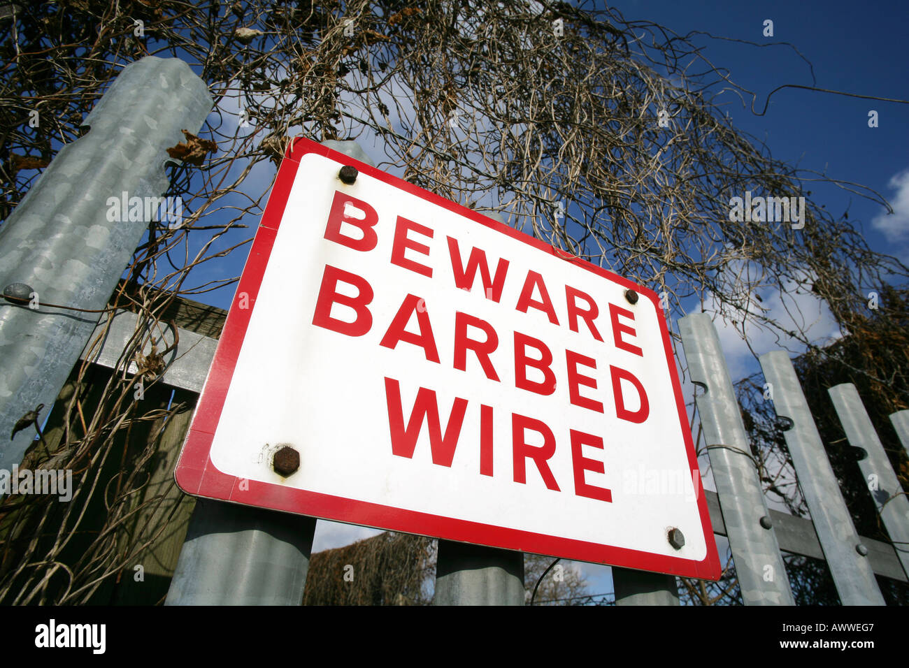 "Beware barbed wire" warning sign, Southend-on-Sea, Essex, England, UK ...