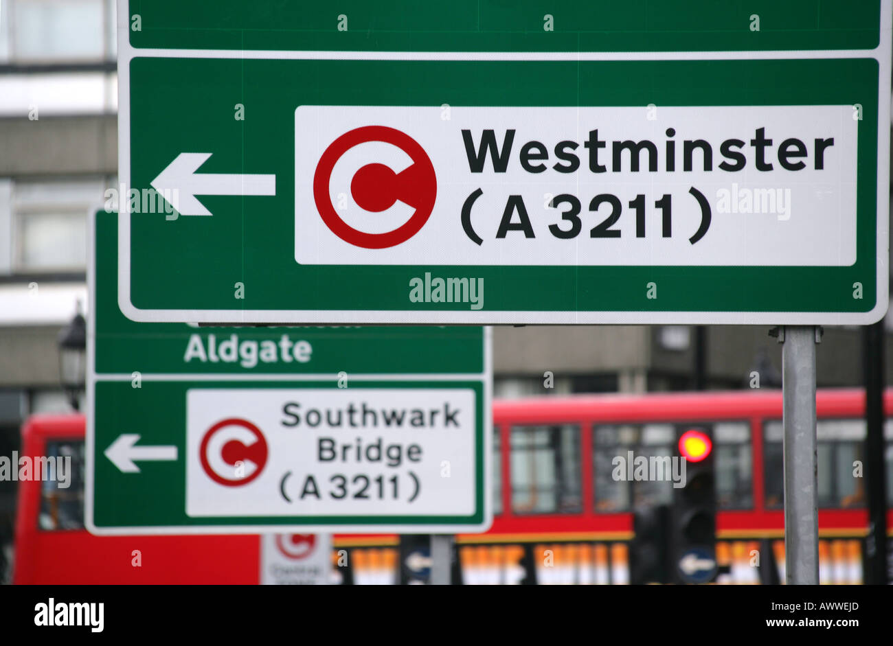 Road signs featuring congestion charging logo, London, England, UK ...