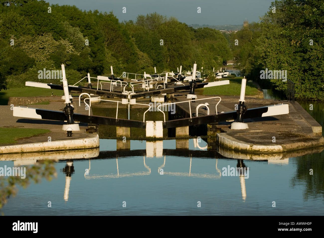 Flight of locks at Hatton on the Grand Union Canal, viewed from the ...