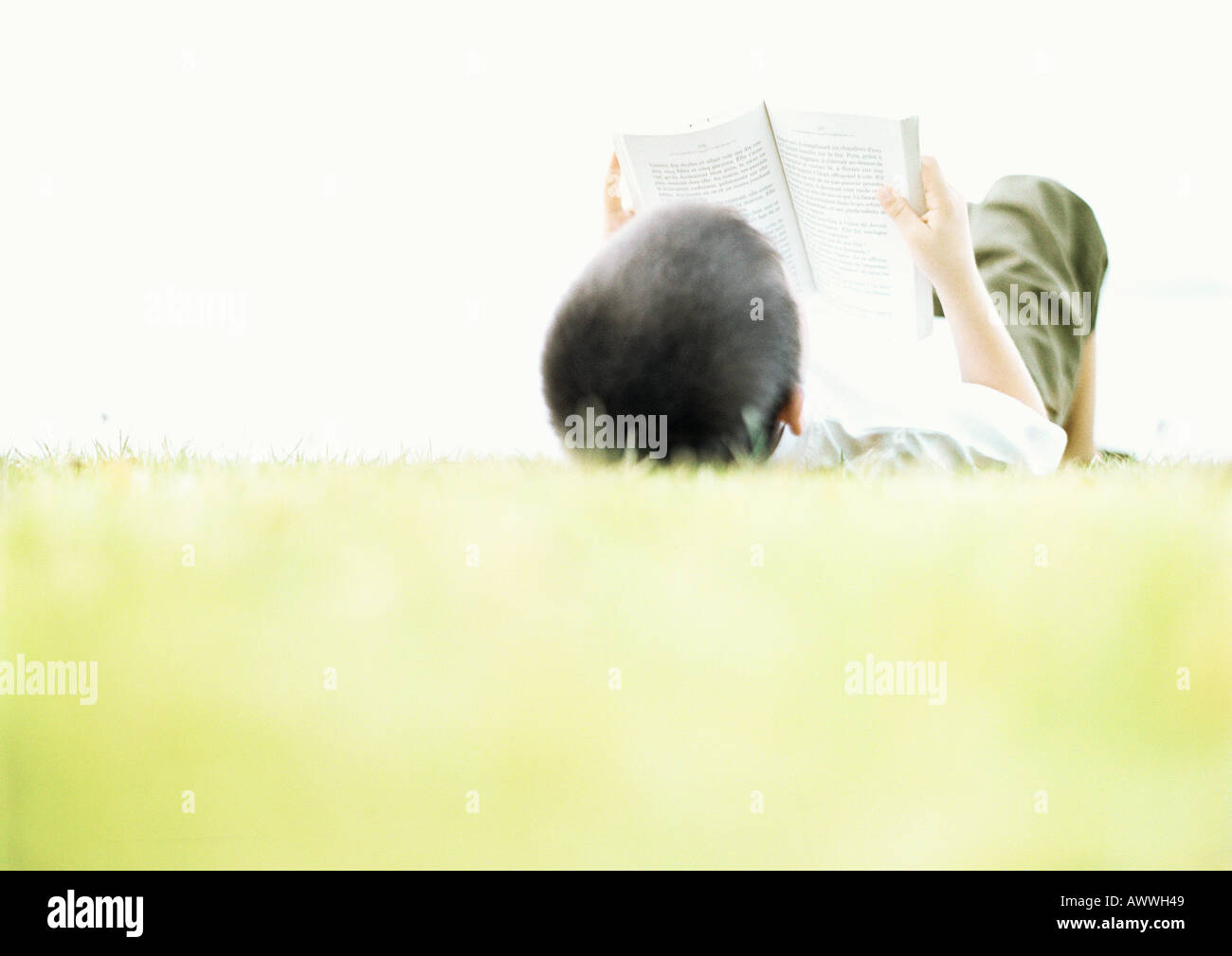 Child lying on back on grass, reading, rear view Stock Photo - Alamy