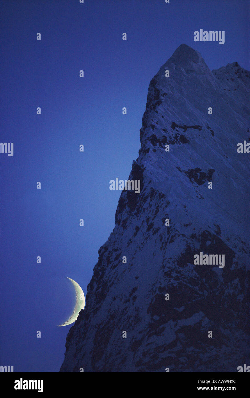 Crescent moon and unnamed peak Savoia Glacier Karakoram Pakistan Stock ...