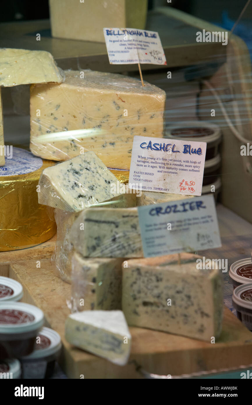cashel blue irish cheese in a market cheese selection at an indoor ...