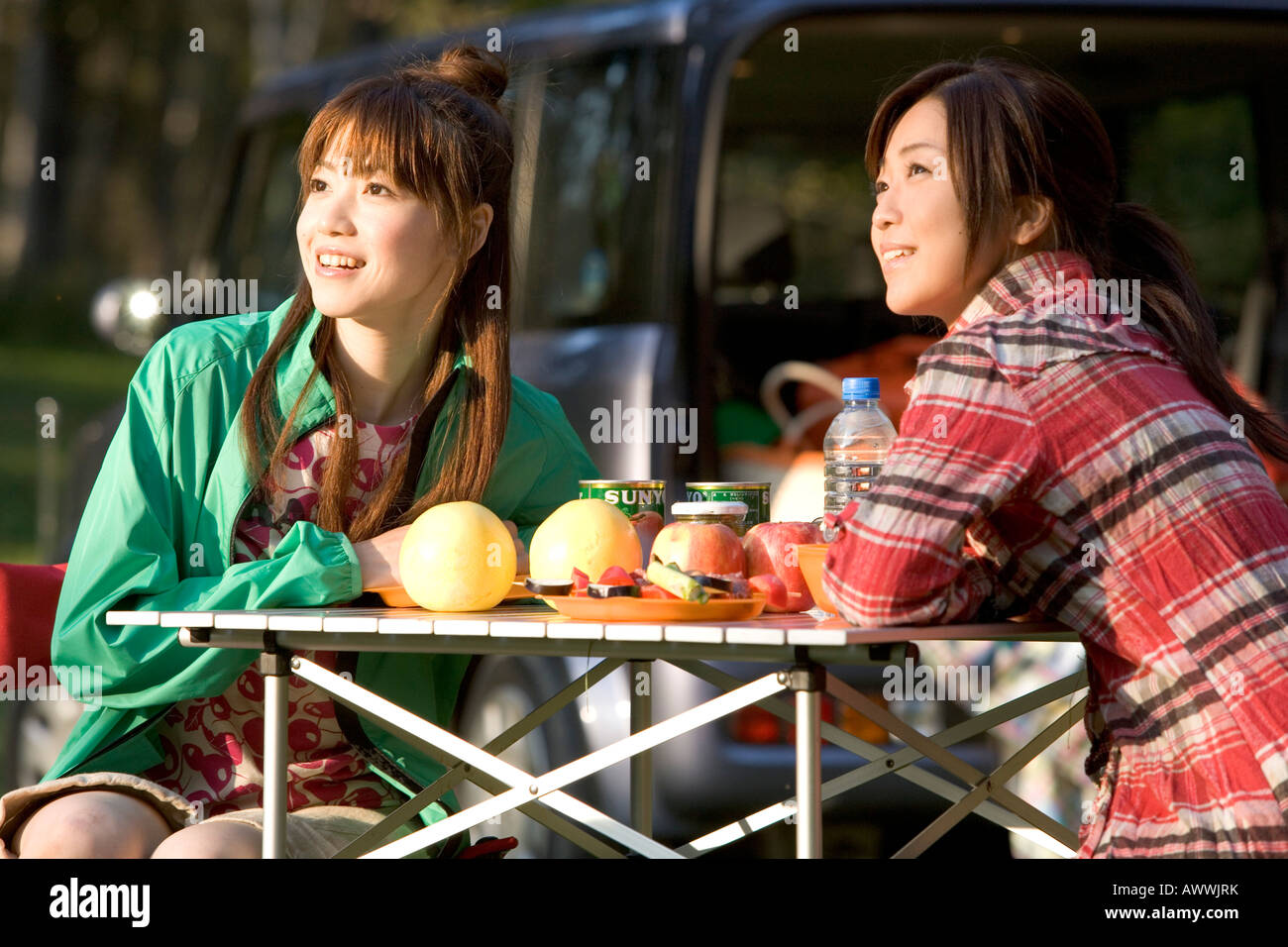 Two young women sitting at picnic table Stock Photo - Alamy