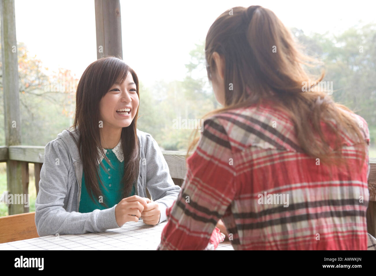 Two young women sitting at table and laughing Stock Photo - Alamy
