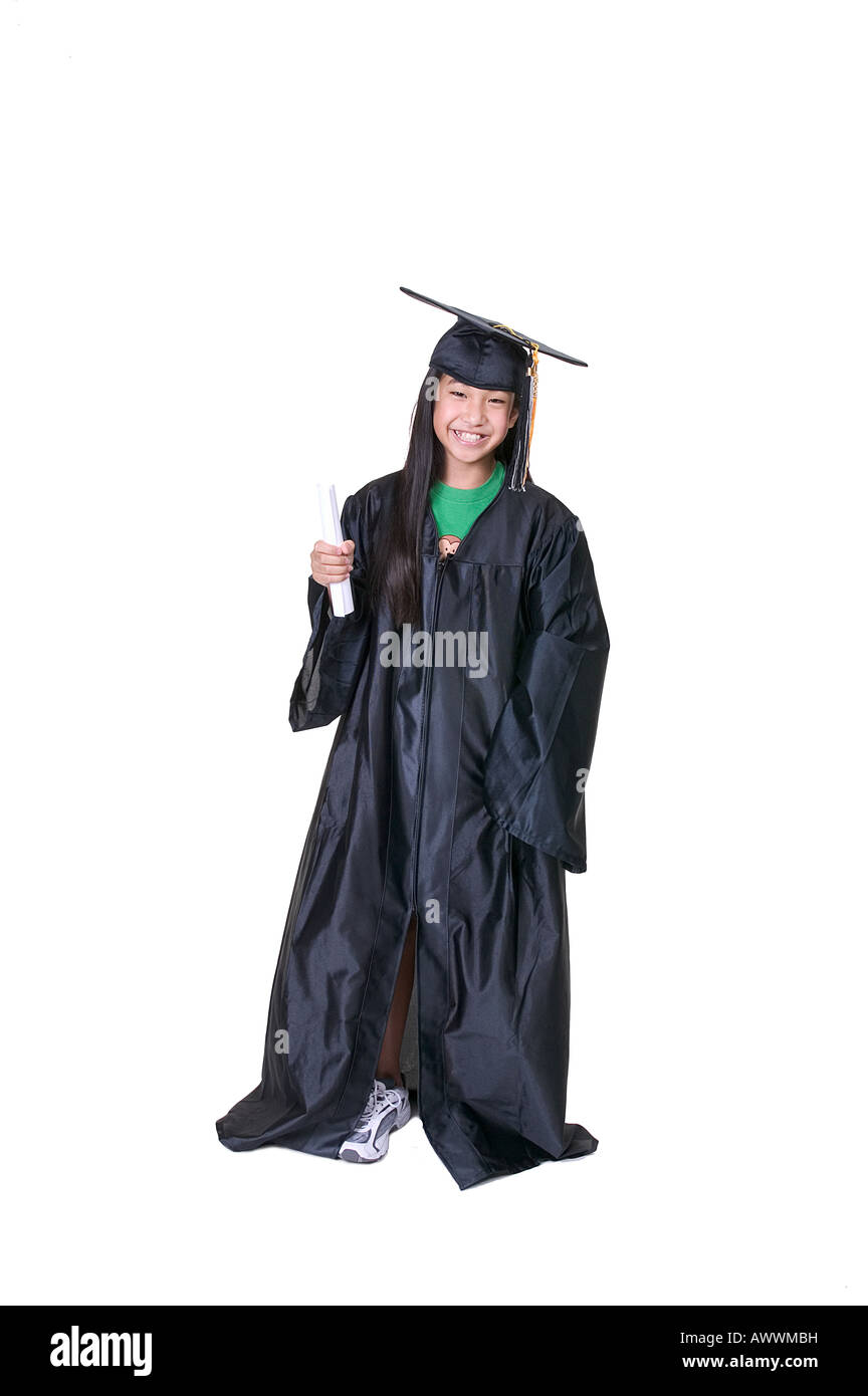 Girl in Graduation Gown Holding a Diploma Stock Photo - Alamy