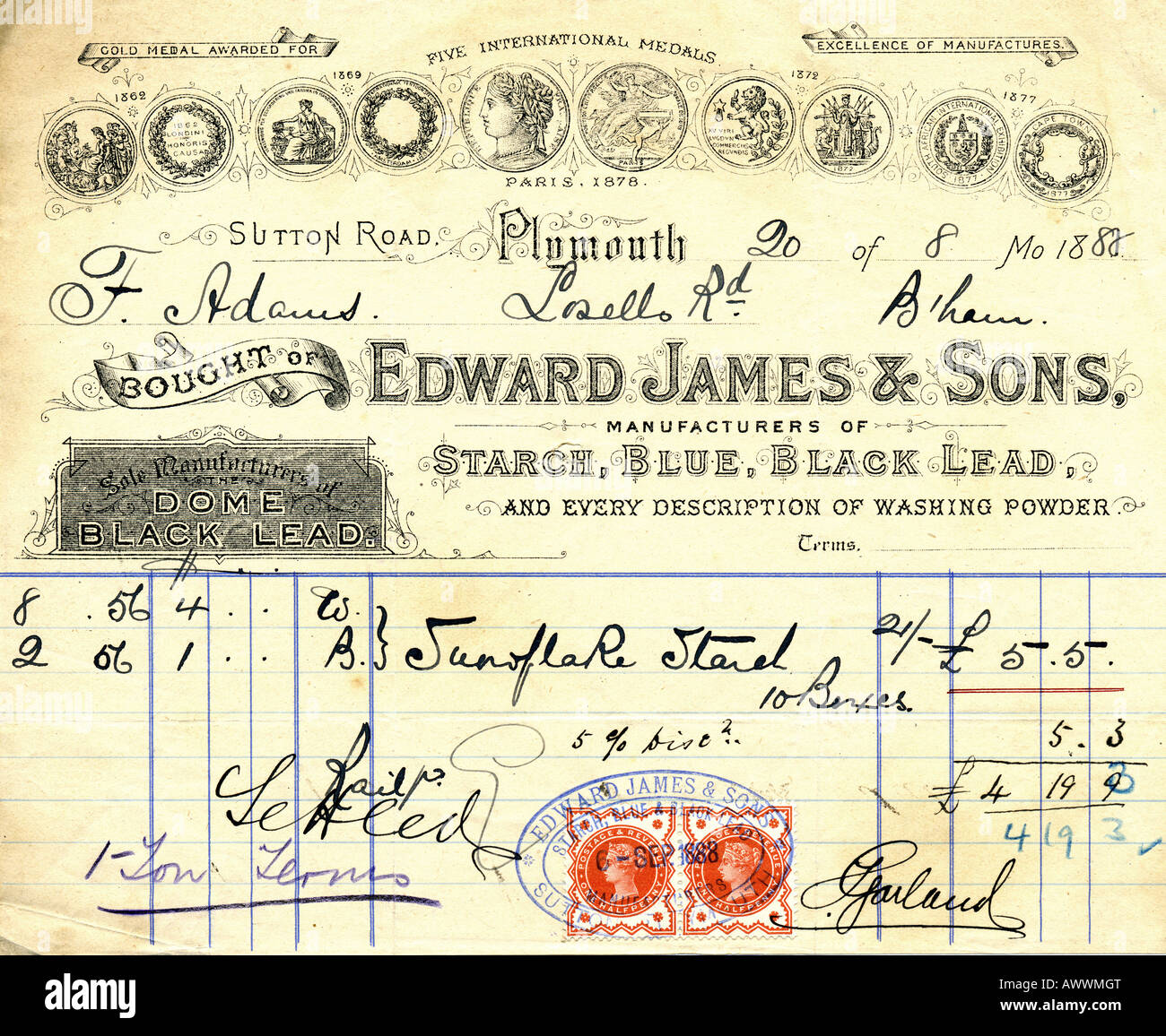 1888 Victorian Old Invoice Edward James & Sons manufacturers of ...