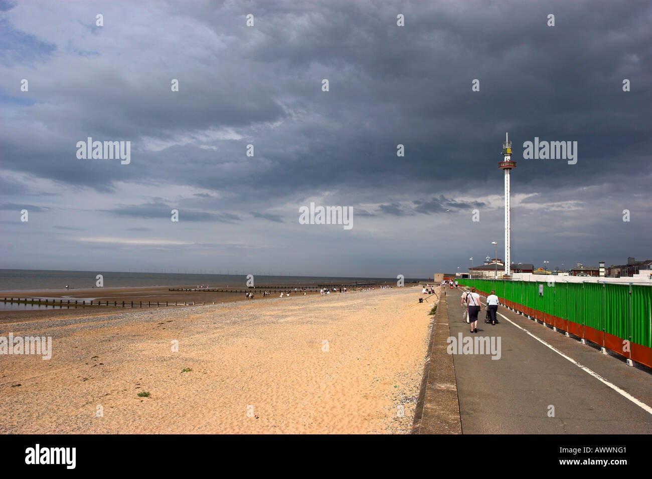 Walking on the promenade at Rhyl in North Wales with the Sky Tower ...