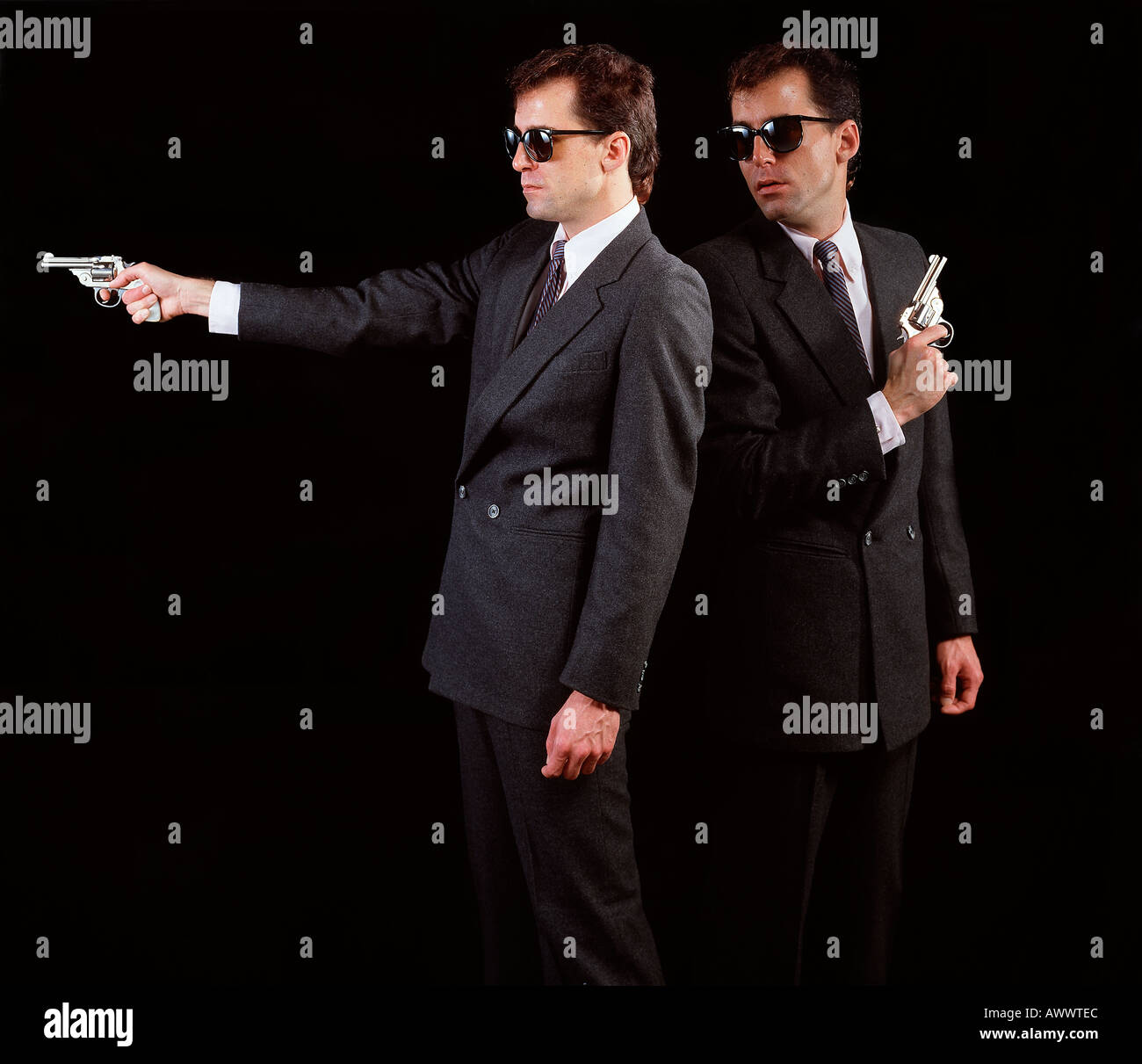 2 two twin mysterious men in black suits caucasian males duo w hand ...