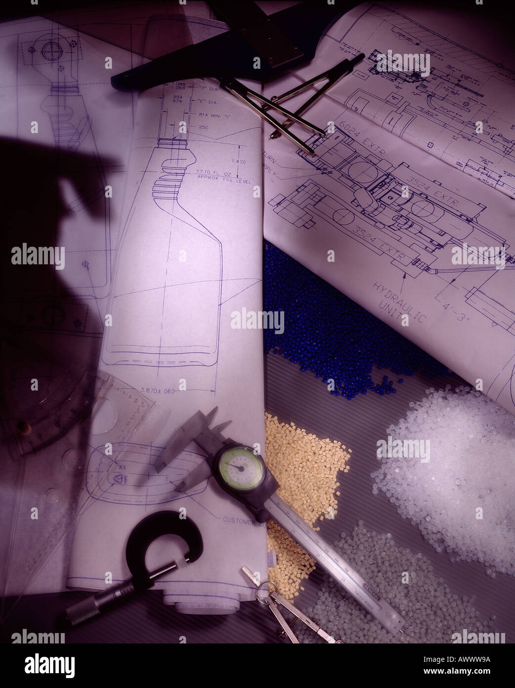 blueprint engineering designs plastic spray bottle Stock Photo - Alamy