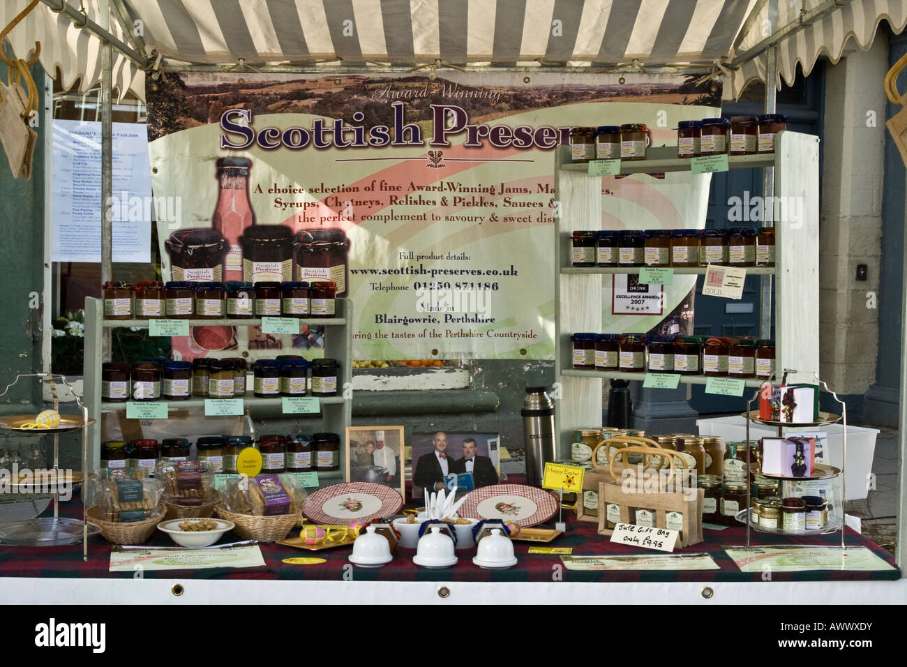 Farmer`s market stall displaying homemade products in Coupar Angus,UK ...