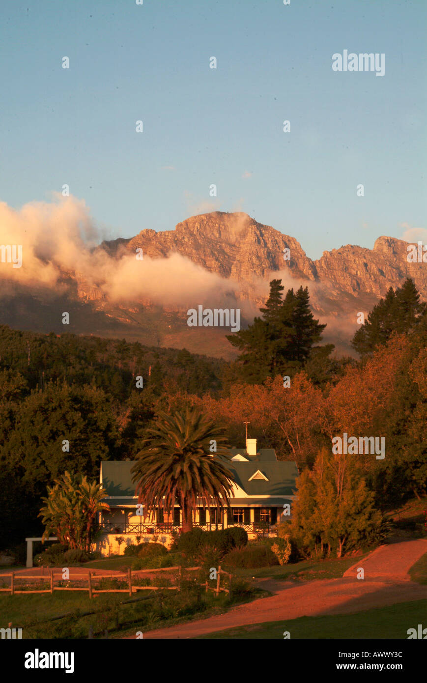 A traditional Cape Dutch farm house sits in the stunning South African ...