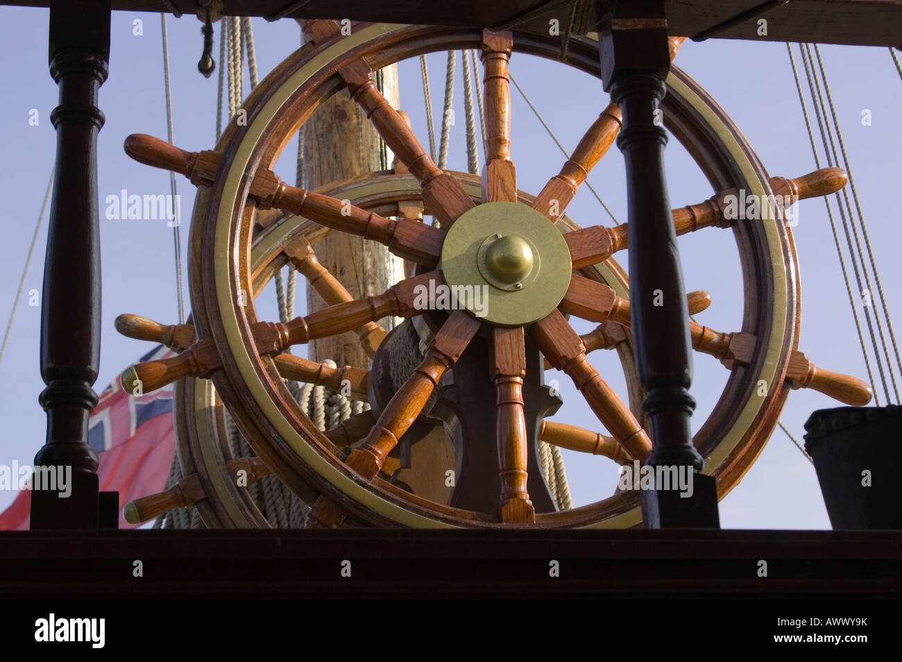 Wheel of an old Sailing Ship viewed from the main deck with the Red ...