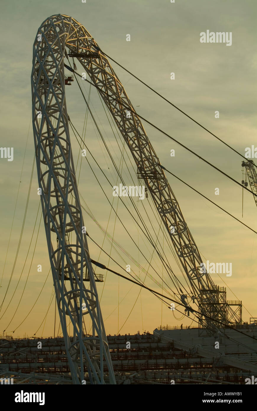 UK North London Wembley stadium under construction raising the arch ...