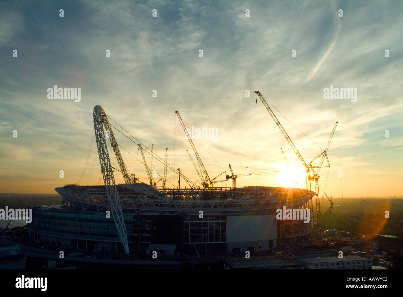 UK North London Wembley stadium under construction raising the arch at ...