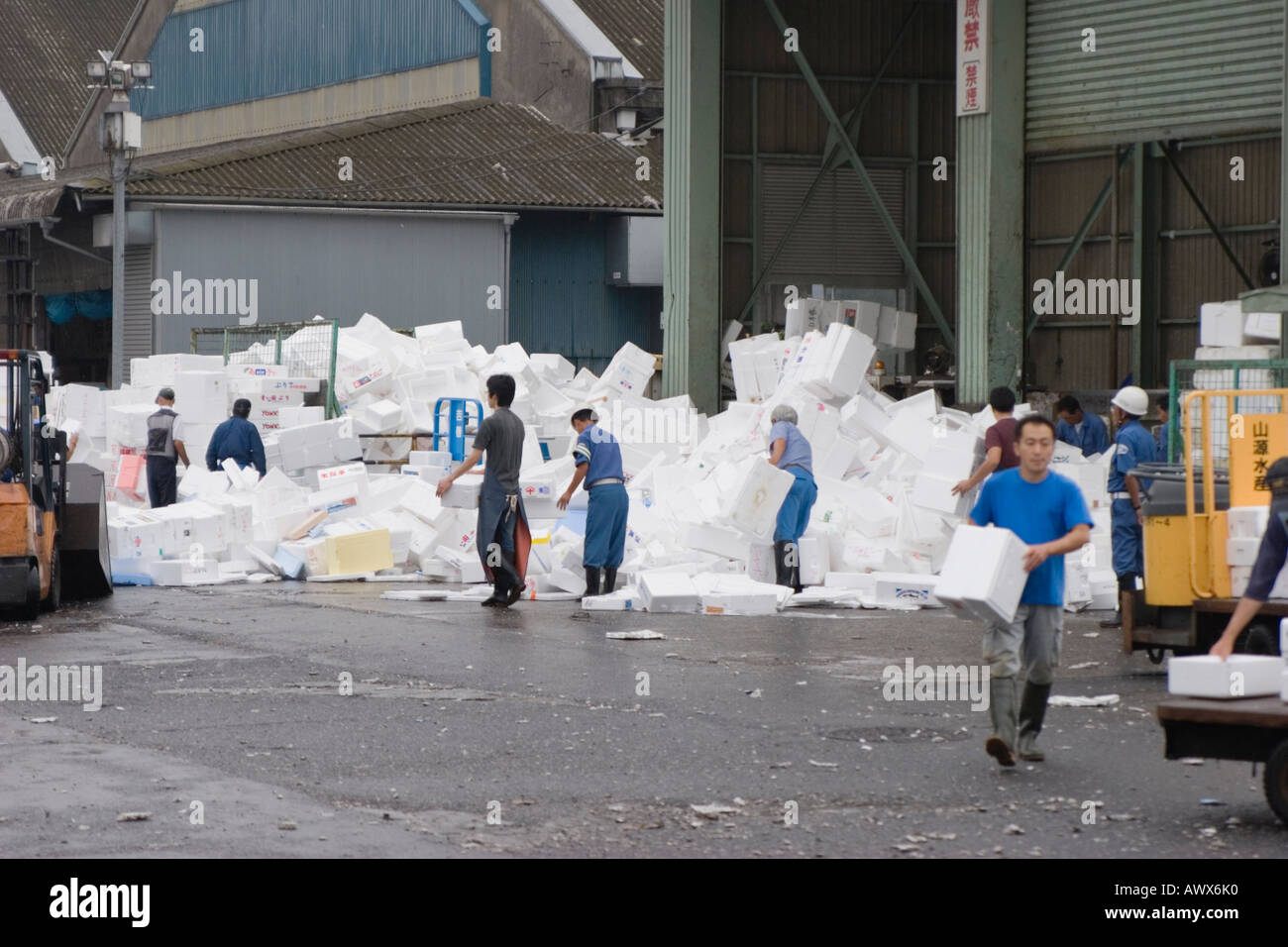 Heaps of polystyrene fish cartons at Tsukiji Central Wholesale Market ...