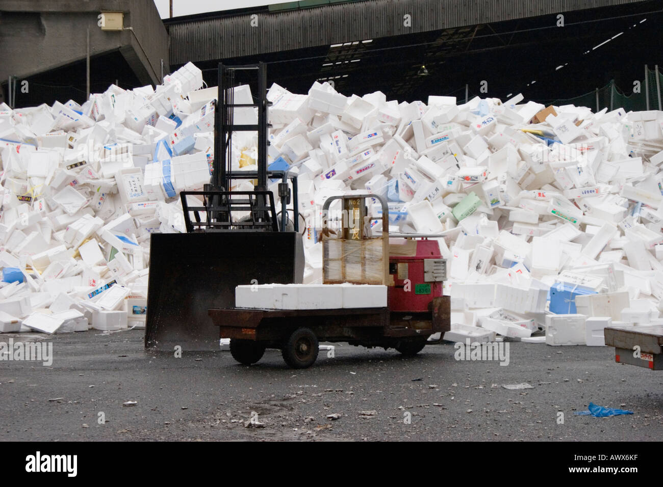 A heap of polystyrene fish cartons at Tsukiji Central Wholesale Fish ...
