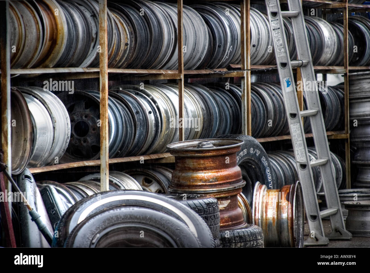 automobile rims rusty and shiny and tires in junkyard shelves along ...