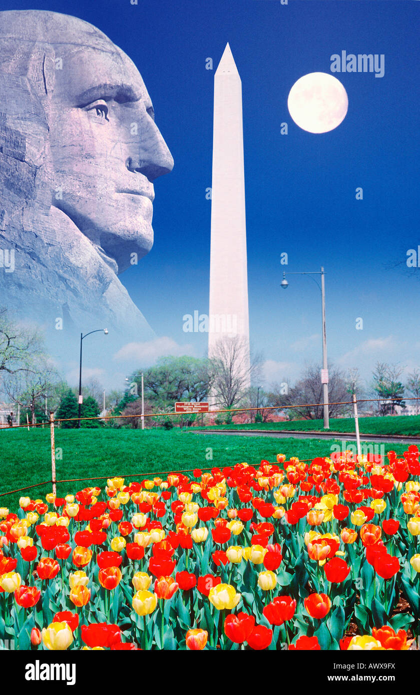 Composite image of Washington Monument, full moon, and profile of ...