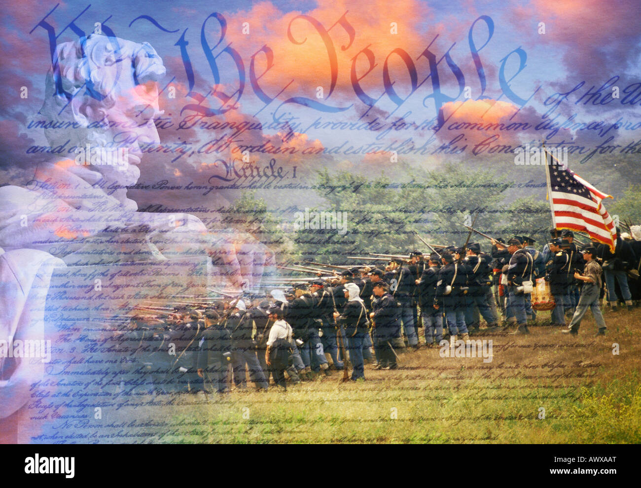Composite image of Lincoln Memorial and Civil War soldiers in battle ...