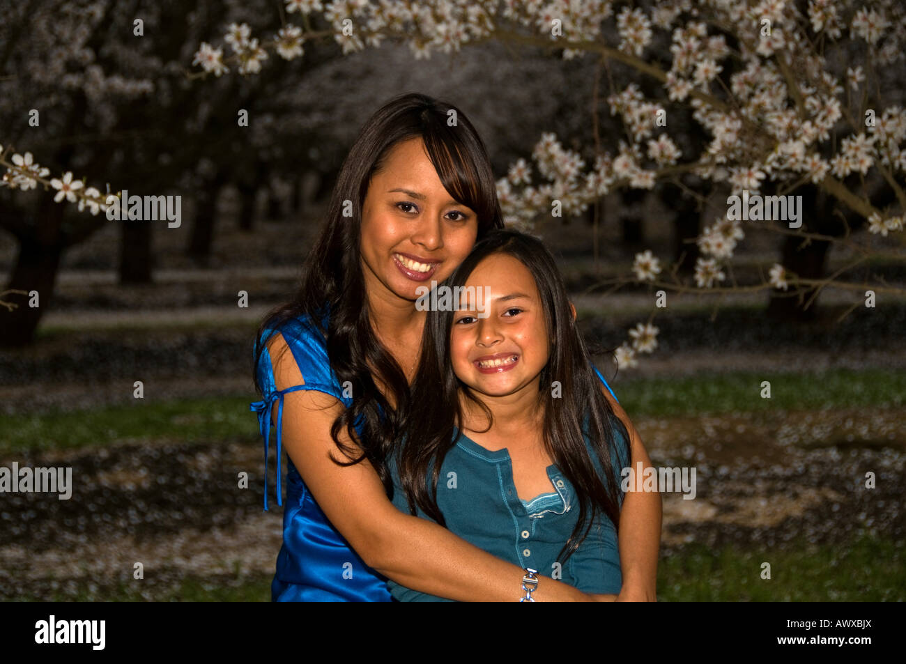 Mom Daughter Smiling Happy Posing Hugging Horizontal Almond Orchard ...