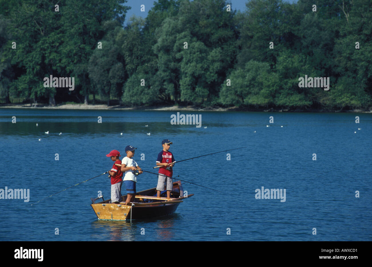 Three boys fish for at the Chiemsee Chiemgau Bavaria Germany Stock ...