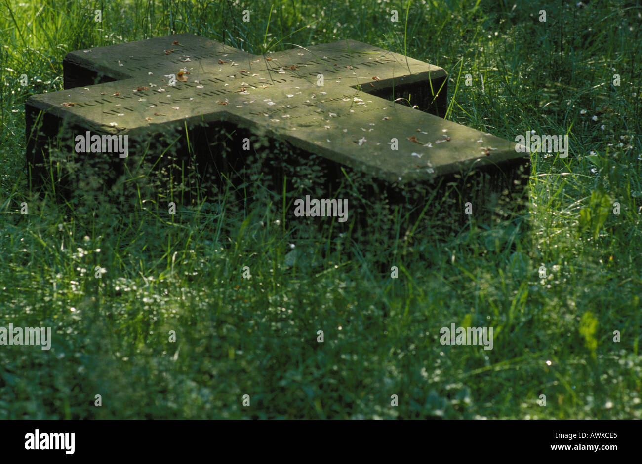Gravestone lying in the grass at a graveyard Stuttgart Germany Stock ...
