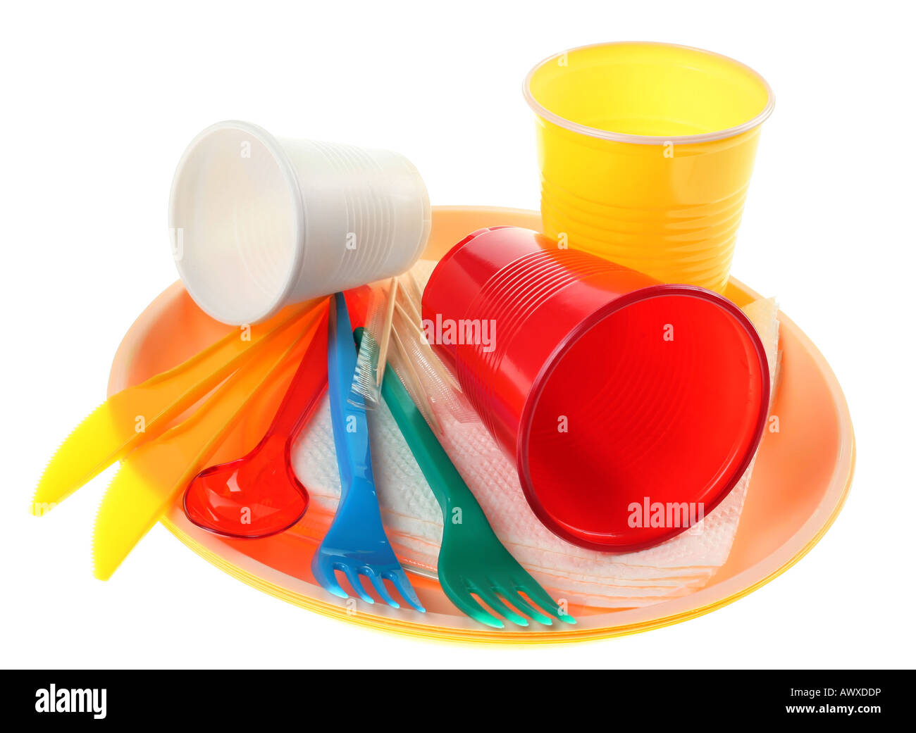 Plastic dishware set isolated on white background Stock Photo - Alamy