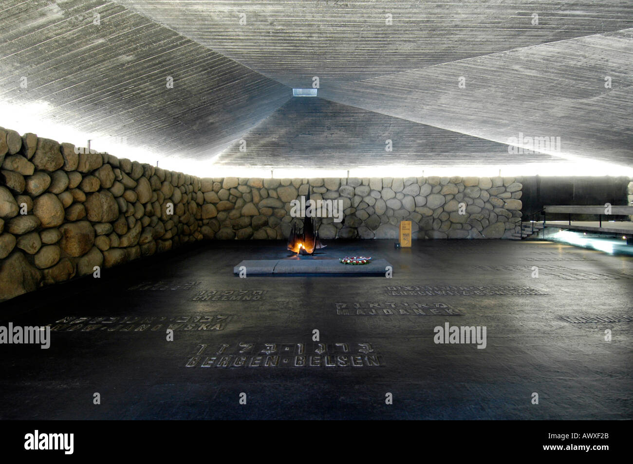 The Flame and Hall of Remembrance with death camps names at Yad Vashem ...