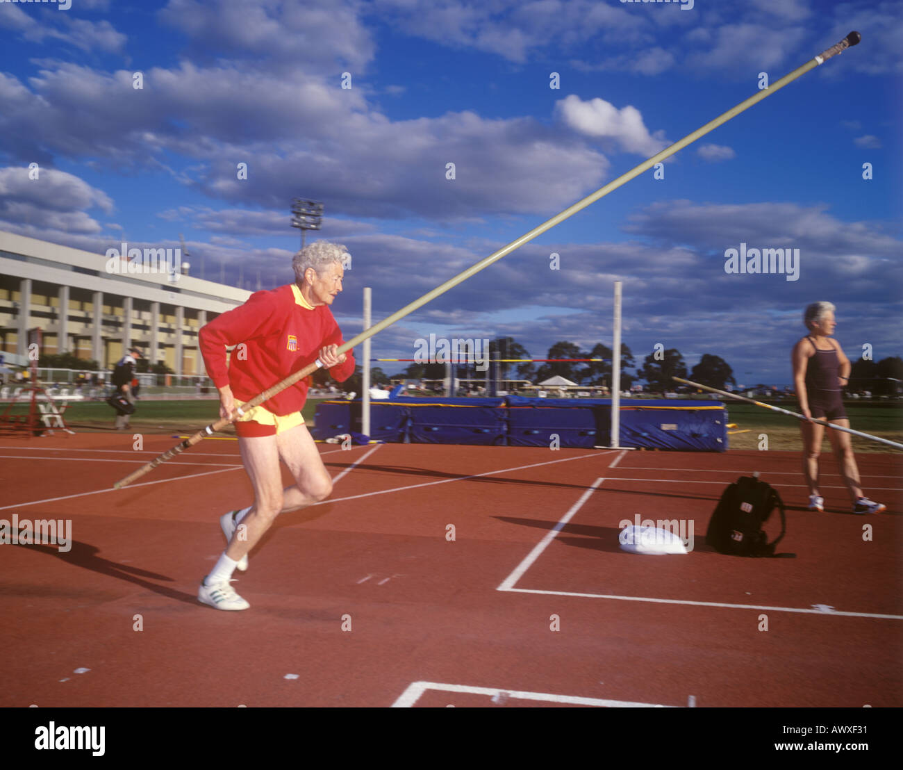 Competitor warming up for Pole Vault competition for women over 65 ...