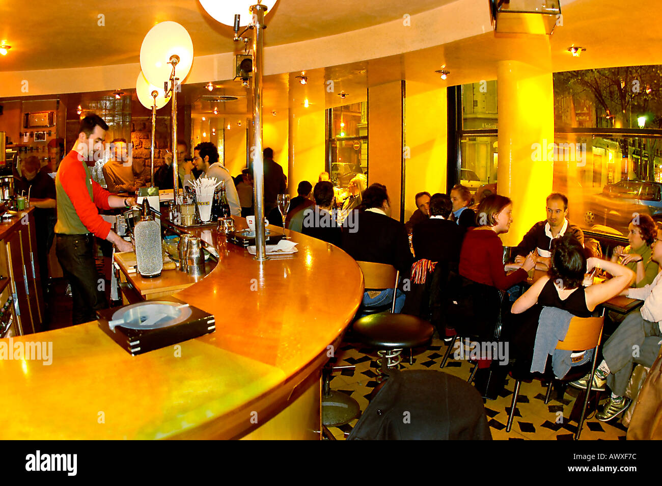 PARIS France, Crowd of People Drinking, interior French Café, Bistro ...