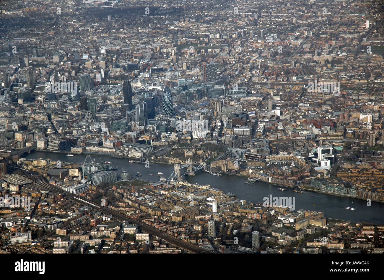 Aerial view of central London looking north across the River Thames ...