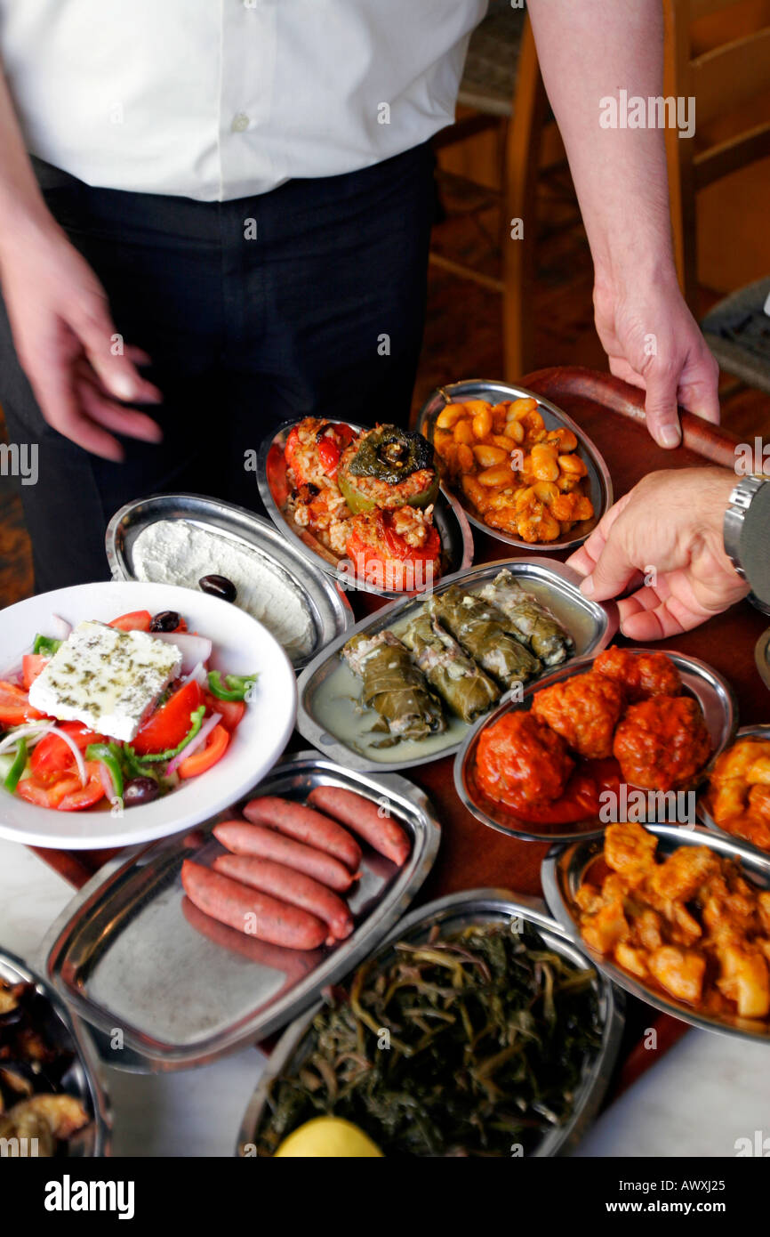 greece greek food and drink a tray of tradional mezes in a plaka ...