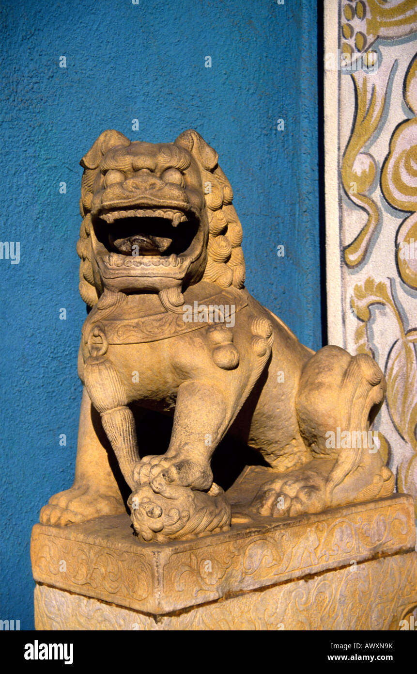 Fu dog or fu lion guardian statue in Chinatown Los Angeles California ...