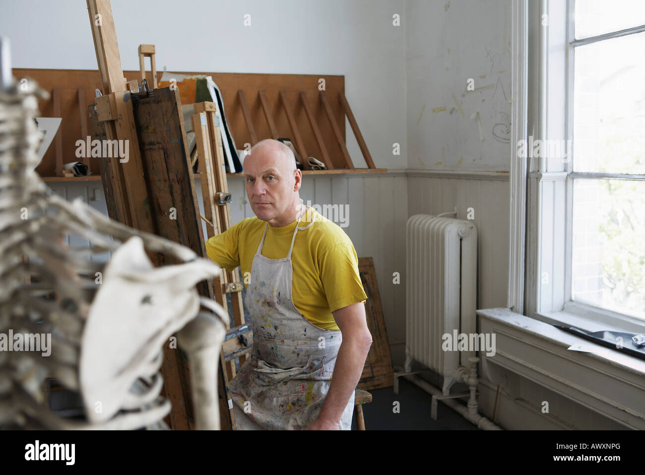 Artist drawing skeleton in studio Stock Photo - Alamy